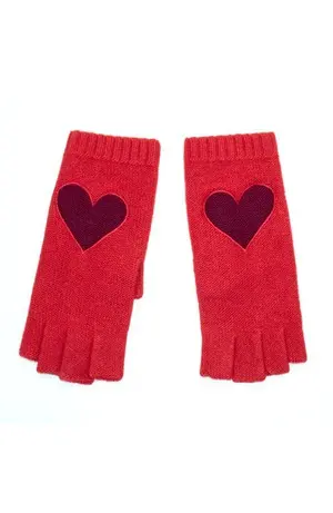 Portolano Cashmere Fingerless Gloves With Heart Patch - Cherry Red/rum