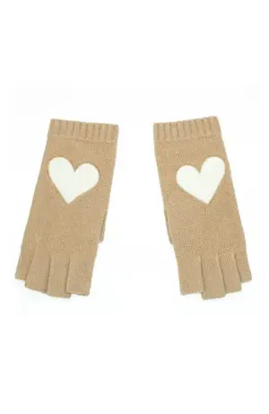 Portolano Cashmere Fingerless Gloves With Heart Patch - Light Camel/white
