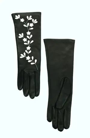 Portolano Floral Appliqued Leather Gloves - Black/white
