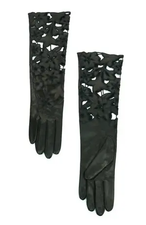 Portolano Floral Cut Out Leather Gloves - Black