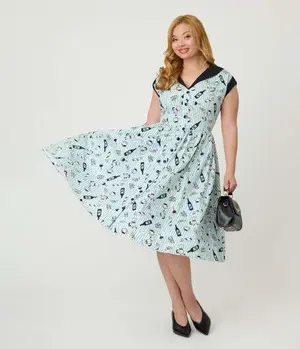 Unique Vintage Cafe Swing Dress - Blue Striped Café Print