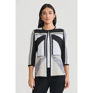 Ming Wang Heritage Colorblock Intarsia Knit Jacket - Limestone/black/white