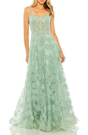 Mac Duggal Embroidered Floral Corset A-line Gown - Mint