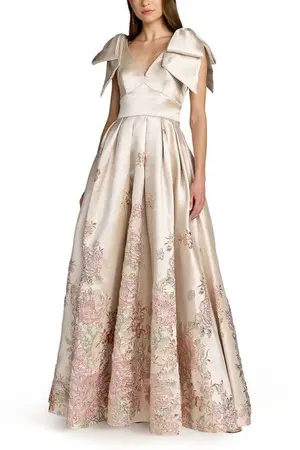 Mac Duggal Brocade V-neck Gown With Bow Straps