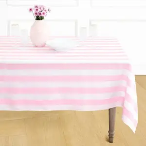 SOLINO HOME Linen Tableclothcabana Stripe - Cherry Blossom And White