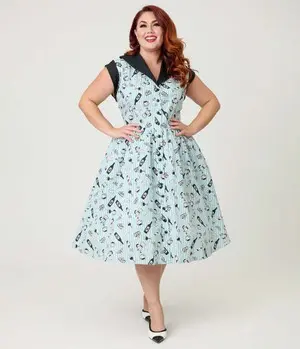 Unique Vintage Cafe Swing Dress - Blue Striped Café Print