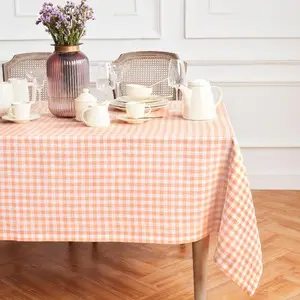 SOLINO HOME Linen Tableclothgingham Check Sunny Orange