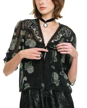 Anna Sui Floral Embroidered Chiffon Bed Jacket