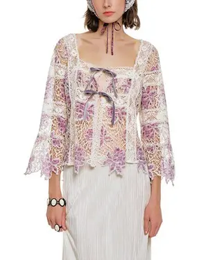 Anna Sui Medallion Floral Lace Tie Blouse
