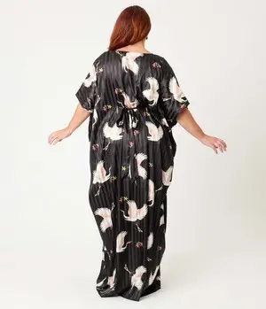 Unique Vintage Burton Caftan Dress - Black & White Crane Print