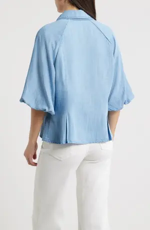 Wit & Wisdom Bubble Sleeve Button-up Chambray Top - Light Blue