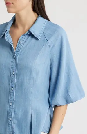 Wit & Wisdom Bubble Sleeve Button-up Chambray Top - Light Blue