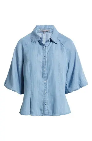Wit & Wisdom Bubble Sleeve Button-up Chambray Top - Light Blue