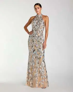 Mac Duggal Sequin Halter Backless Column Gown