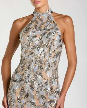 Mac Duggal Sequin Halter Backless Column Gown