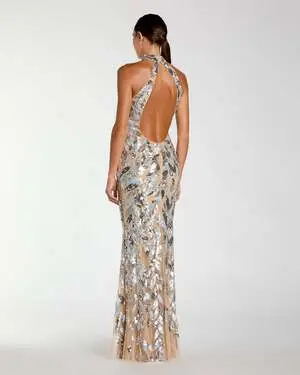 Mac Duggal Sequin Halter Backless Column Gown