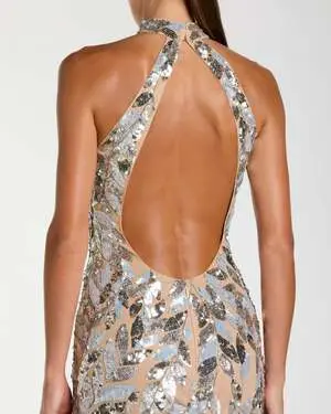 Mac Duggal Sequin Halter Backless Column Gown