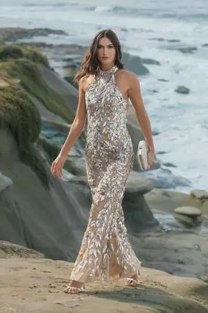 Mac Duggal Sequin Halter Backless Column Gown