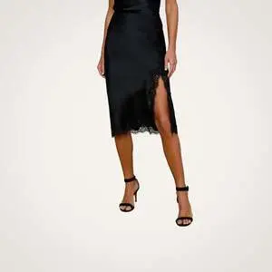 L'Agence Silk Lace Midi Skirt - Black