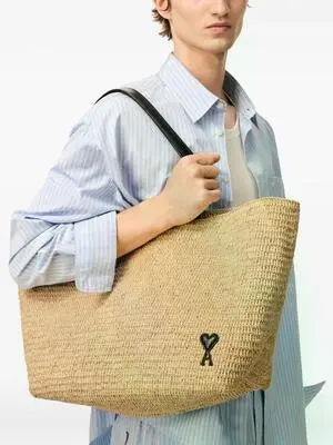 AMI Paris De Coeur Raffia Tote Bag - Neutrals