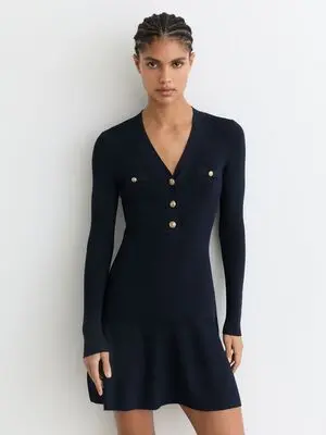 REISS Knitted Button-detail Mini Dress