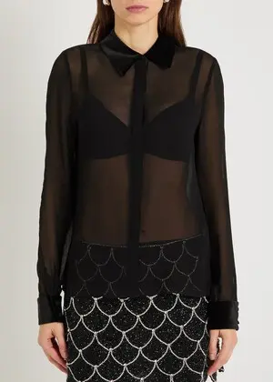 Alice + Olivia Willa Velvet-trimmed Chiffon Shirt - Black