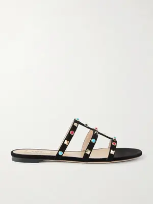 Valentino Garavani Rockstud Bead-embellished Suede Sandals - Black