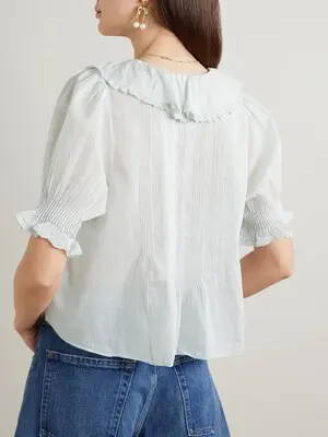 DÔEN Henri Ruffled Pintucked Organic Cotton-voile Top - Blue