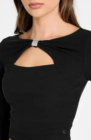 Guess Rhinestone Accent Cutout Top - Black