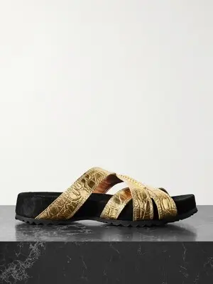 Dries Van Noten Metallic Croc-effect Leather Sandals - Gold