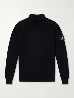 Stone Island Ribbed-knit Cotton Half-zip Sweater With Logo Applique - Black