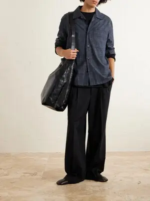 JIL SANDER Camp-collar Checked Wool And Linen-blend Shirt - Gray