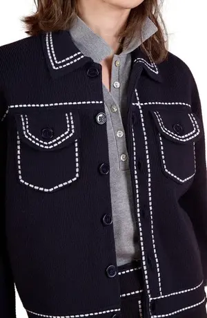 English Factory Collared Denim-inspired Cardigan