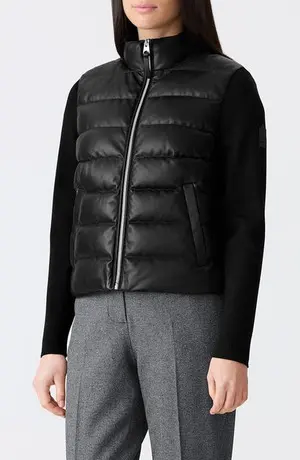 Mackage Leather & Wool Blend Hybrid Down Bomber Jacket - Black