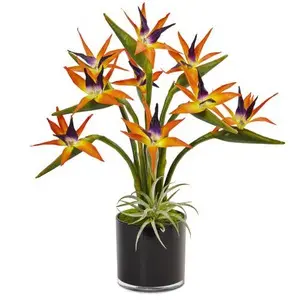 NEARLY NATURAL 24-in Bird Of Paradise Artificial Arrangement In Black Glossy Cylinder - Orange
