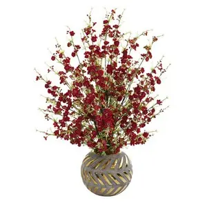 NEARLY NATURAL 30-in Cherry Blossom Artificial Arrangement In Stoneware Vase With Gold Trimming - Red