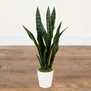 NEARLY NATURAL 2-ft Uv Resistant Artificial Sansevieria Snake Plant In White Decorative Planter