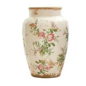 NEARLY NATURAL 12.5-in Tuscan Ceramic Floral Print Vase - White