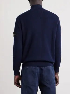 Stone Island Logo-appliquéd Ribbed-knit Cotton Zip-up Cardigan - Blue