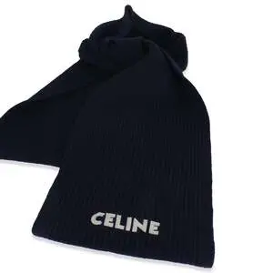 Celine Navy Ribbed Wool Logo Appliqued Scarf - Blue