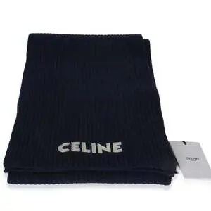 Celine Navy Ribbed Wool Logo Appliqued Scarf