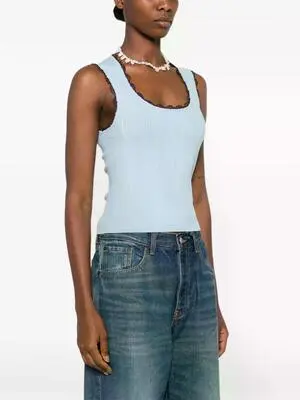 Sandro Sleeveless Ribbed Knit Top With Crochet Trim - Blue