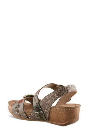 SPRING STEP SHOES Embossed Leather Wedge Sandals - Grey Multi