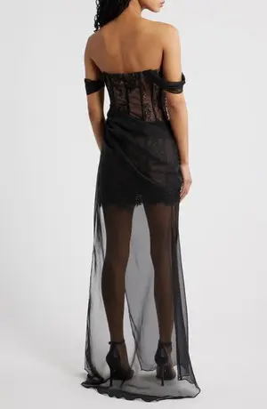 House Of Cb Off-the-shoulder Mixed Media Gown