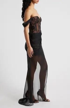 House Of Cb Off-the-shoulder Mixed Media Gown