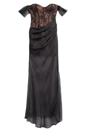 House Of Cb Off-the-shoulder Mixed Media Gown