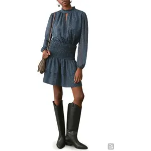 Mango Ruffle Smocked Waist Long Sleeve Dress - Blue