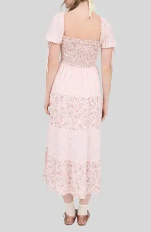 BLU PEPPER Smocked Tiered Midi Dress - Light Pink Multi