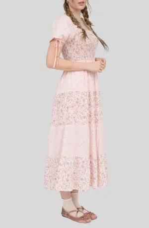 BLU PEPPER Smocked Tiered Midi Dress - Light Pink Multi