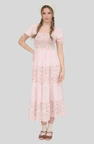 BLU PEPPER Smocked Tiered Midi Dress - Light Pink Multi